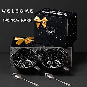 CALATOUR Set Of 2 Midnight Skull Coffee Large Mugs With Skull Spoons In Gift Box,Cute Halloween Spooky Witch Gifts Goth Decor Cool Novelty Tea Cups,21oz/620ml Porcelain(Midnight Black)