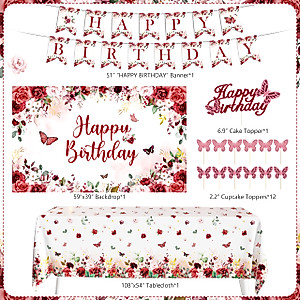 Birthday Decorations Party Pack for Women Girls Burgundy Birthday Party Supplies for Her Red Flower Backdrop Burgundy Rose Gold Balloon Arch Kit Banner Floral Tablecloth Butterfly Cupcake Toppers