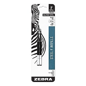 Zebra Pen F-Series Ballpoint Stainless Steel Pen Refill, Fine Point, 0.7mm, Black Ink, 2-Count