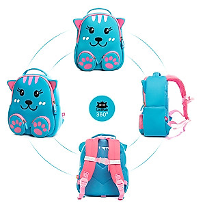 Cocomilo 12" Cartoon 3D Cat Toddler Backpack for Kids Waterproof Preschool Baby Bag for Boys and Girls with Ant-lost Leash (Blue Cat)