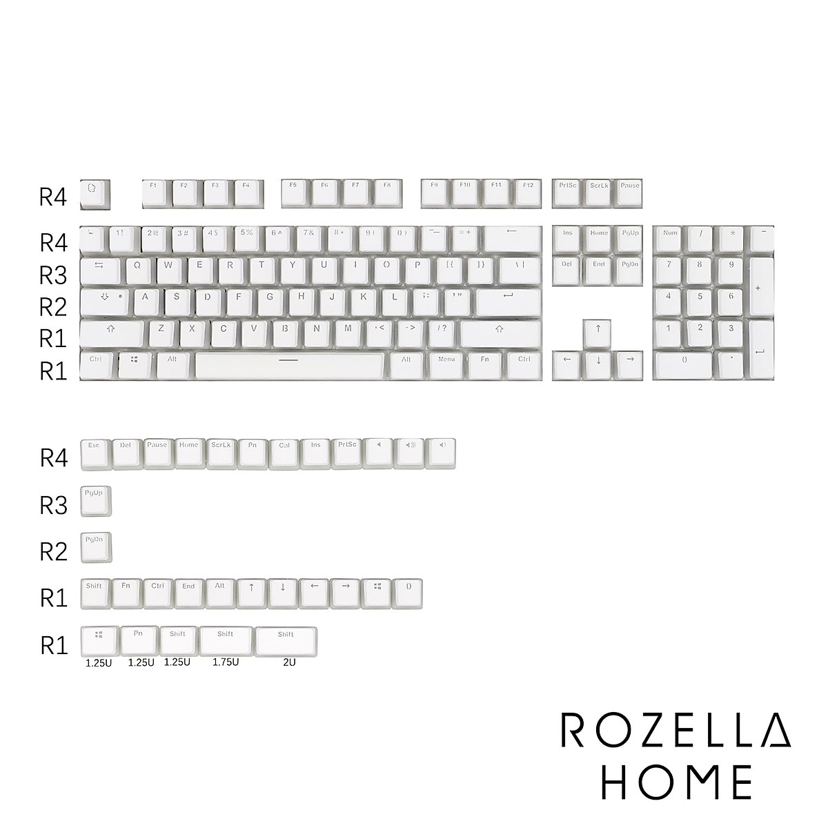 ROZELLA HOME Pudding Keycaps Full 108 Key for Mechanical Gaming Keyboard with Additional 24 Replacement Units, PBT, MX Switches, TKL 80 Percent and Compact 60 Percent Compatible, (Caps Only) (White)