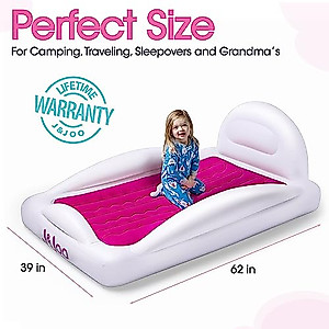 J&JOO Inflatable Toddler Travel Bed with Safety Bumpers & Backrest, Portable Kids Air Mattress for Travel, Camping or Hotels, Includes High Speed Pump, Pink, (Pink)