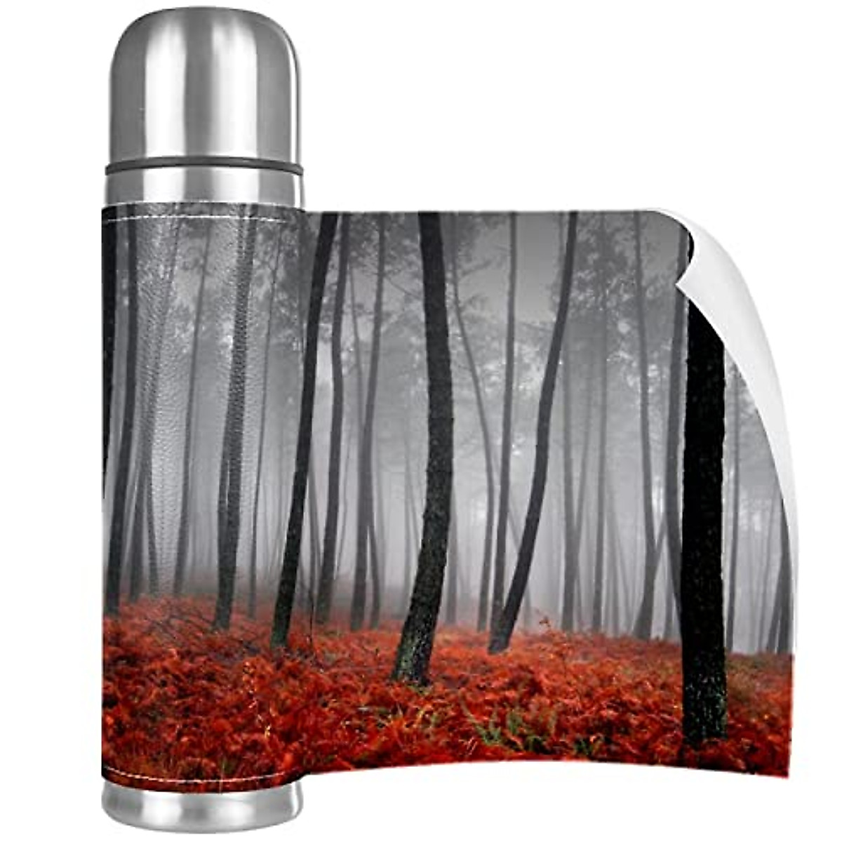 Foggy Forest Red Flowers Stainless Steel Water Bottle, Leak-Proof Travel Thermos Mug, Double Walled Vacuum Insulated Flask 17 OZ