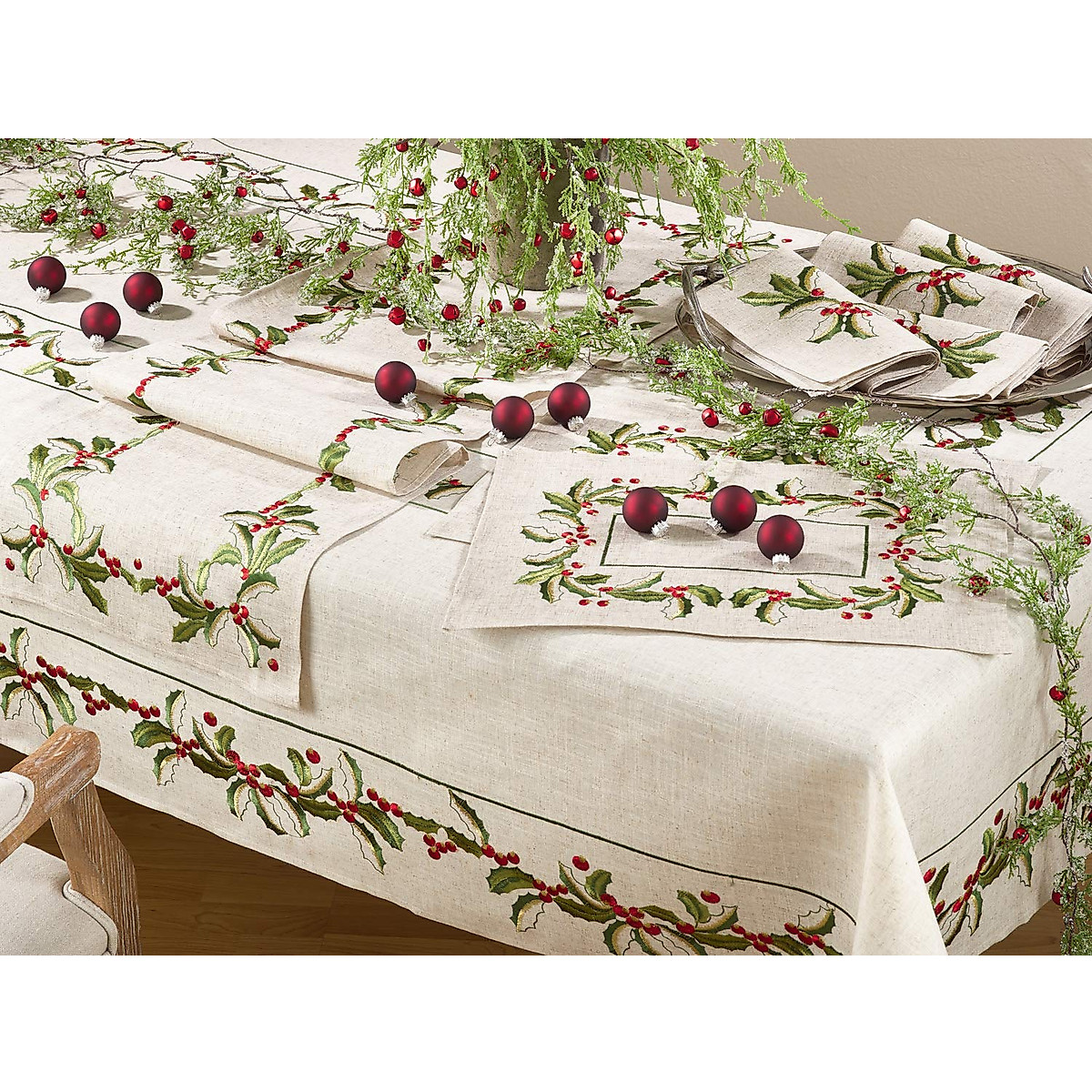 Fennco Styles Embroidered Holly Design Christmas Linen Blend Table Runner 16 x 90 Inch - Natural Table Cover for Home Décor, Banquets, Holiday Gathering and Special Events