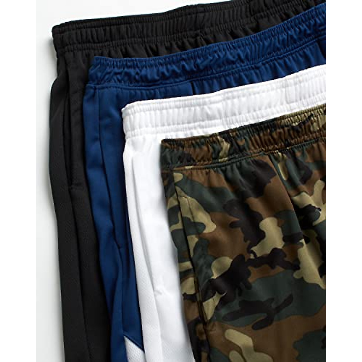 RBX Boys’ Athletic Shorts - 4 Pack Lightweight Fleece Performance Basketball Shorts - Activewear Shorts for Boys (Size: 8-16), Size 10-12, Green Camo/White Blue