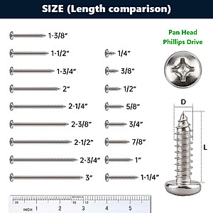 #12 x 1/2" (50 Pack) Stainless Steel Phillips Pan Head Wood Screws, Stainless Steel 304 (18-8), Pan Head Sheet Metal Screws Self Tapping Screws