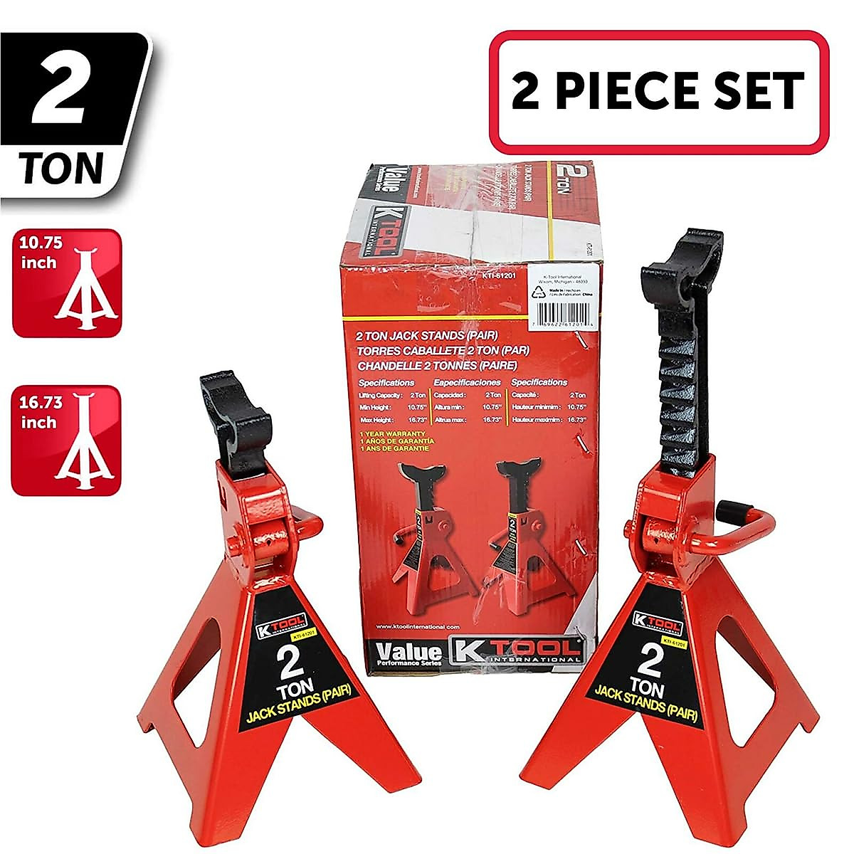 K Tool International 61201 2 Ton Automotive Jack Stands for Garages, Repair Shops, and DIY, Lightweight, 4,000 lbs. Capacity, Heavy Duty Steel Frame, Adjustable Height 10.75"-16.73", Red/Black, Pair