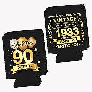 Greatingreat 90th Birthday Can Cooler Sleeves Pack of 12-90th Anniversary Decorations- Vintage 1933-90th Birthday Party Supplies - Black and Gold Ninety Birthday Cup Coolers