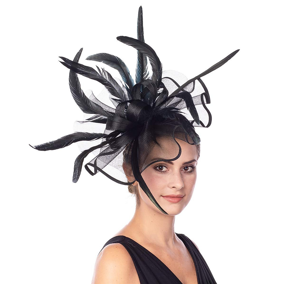 Lucky Leaf Girl Lady Hat Headwear Organza Church Feather Clip Fascinators Hat Wedding Party Kentucky Derby Cap for Women(F-5-Black)