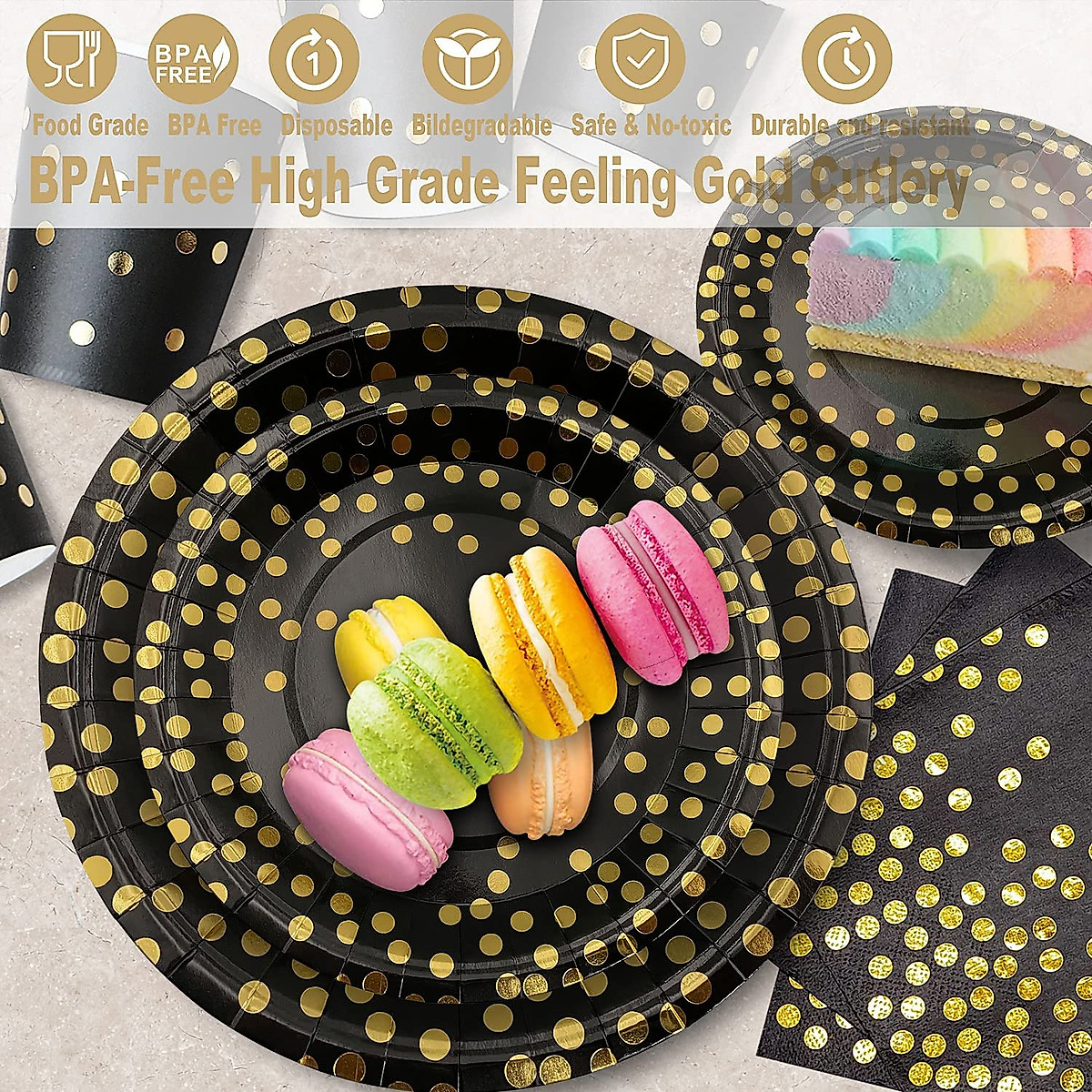 350PCS Black and Gold Party Supplies, Severs 50 Disposable Party Dinnerware, Gold Plastic Forks Knives Spoons and Golden Dot Paper Plates Black Napkins Cups for New Years Graduation Birthday Wedding