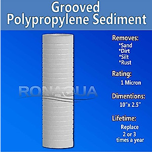 Grooved Sediment Water Filter Cartridge by Ronaqua 10"x 2.5", Four Layers of Filtration, Removes Sand, Dirt, Silt, Rust, made from Polypropylene (4 Pack, 1 Micron)