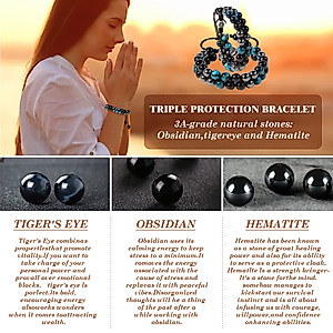 Triple Protection Bracelet - for Protect & Balance - Energy Crystal Bracelets for Men Women - Bring Good Luck & Prosperity - Tiger Eye Hematite & Black Obsidian Jewelry Natural Stone Healing Bracelet