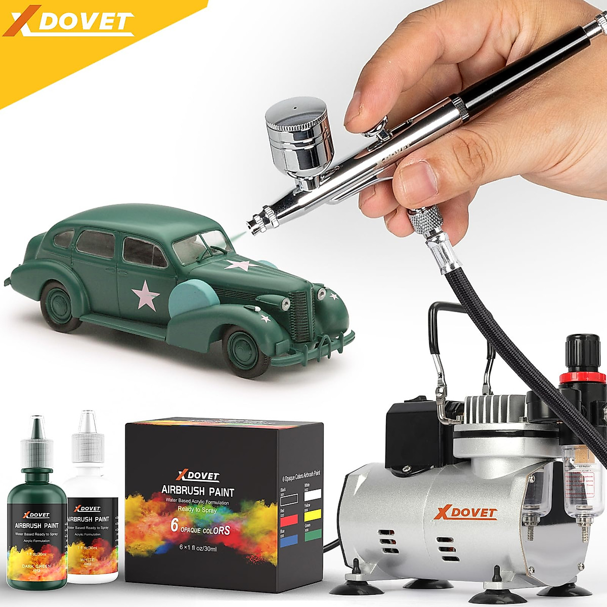 XDOVET Airbrush Kit Dual-Action Gravity Feed Air Brush Gun with 0.3mm and 1/4 oz. for Hobby, Models, Art, Tattoo, Nail Art, Cake