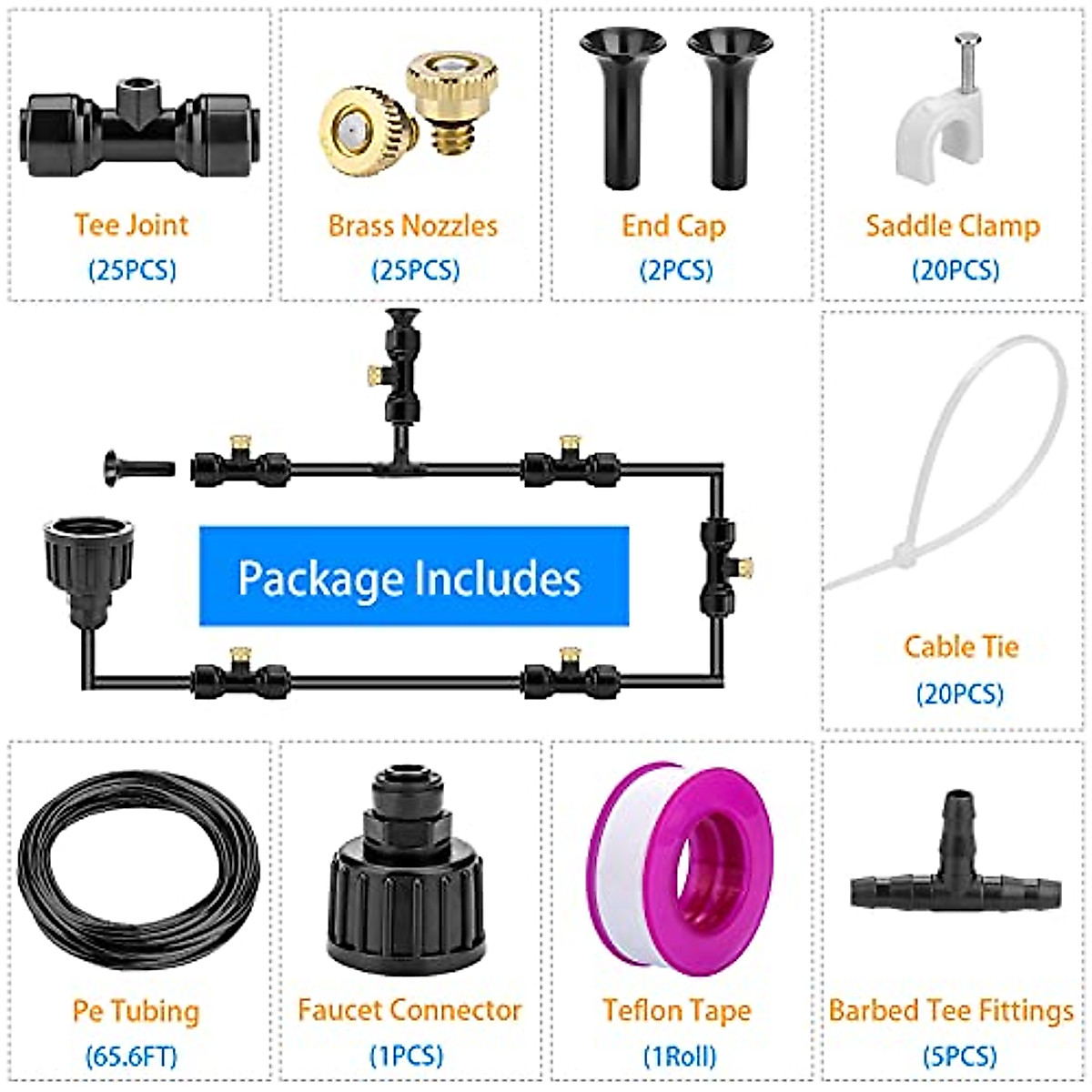 Petutu Misting Cooling System 65.6ft(20M) Misting Line + 25 Brass Mist Nozzles + a Faucet Connector (3/4") Fan Misting Kit Outdoor Mister for Patio Garden Greenhouse Trampoline for waterpark