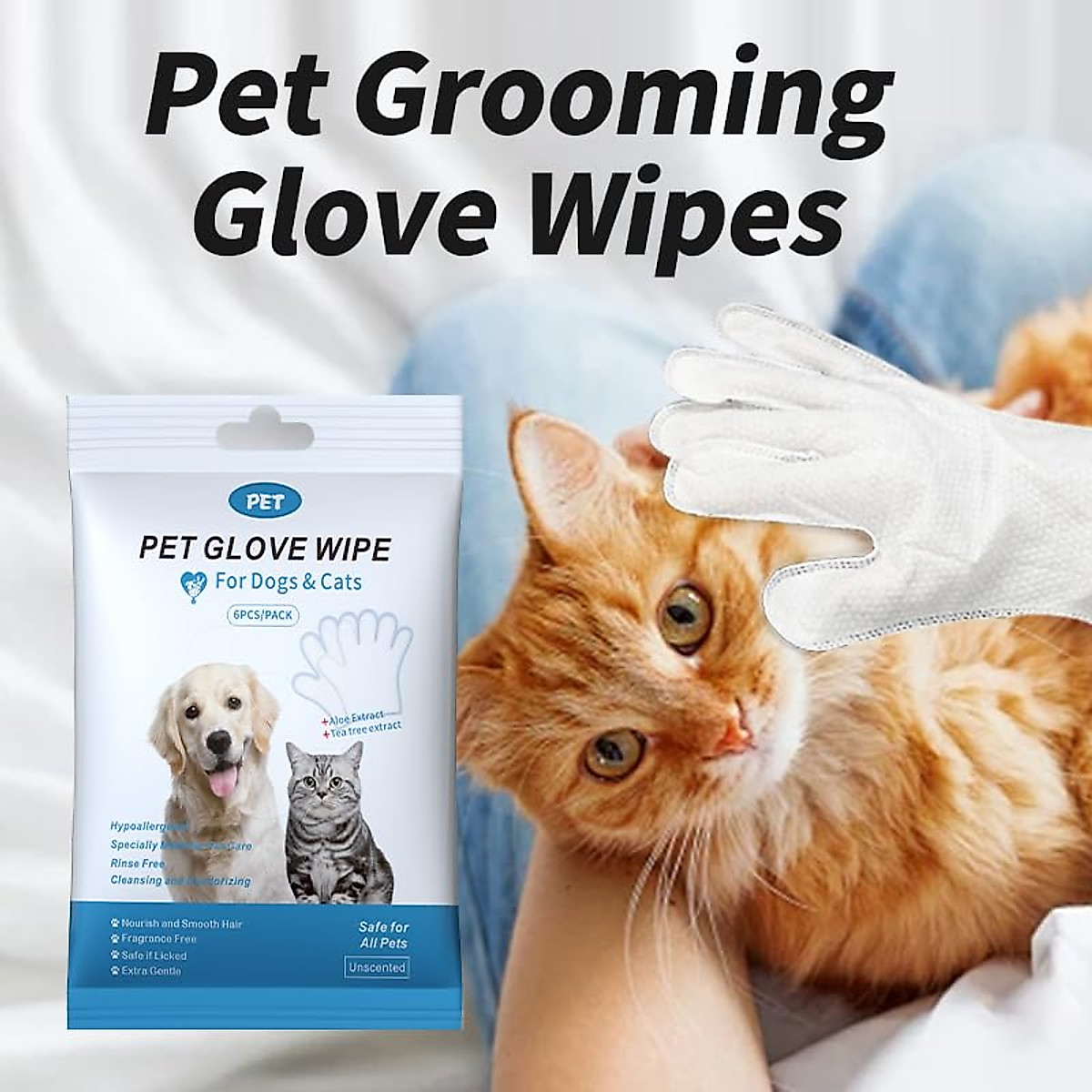 Pet Grooming Wipes and Gloves Set, 6 Count, for Fur, Face, Ears and Paws, No Rinse Cleaning