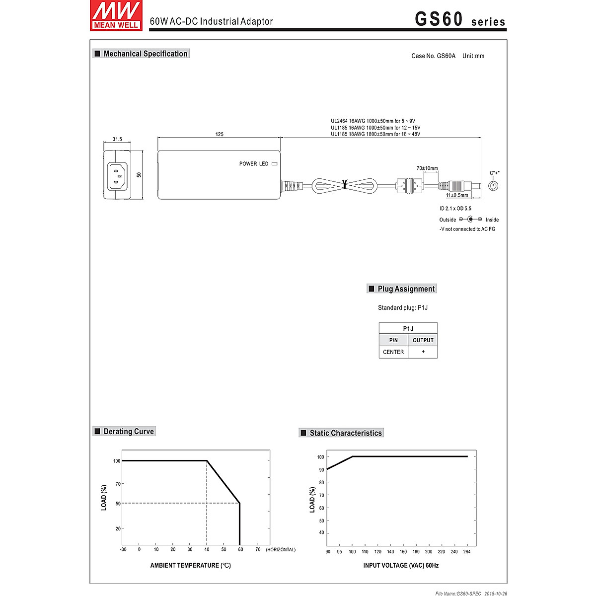 Mean Well Original GS60A24-P1J AC-DC Green Industrial Adaptor 24V 2.5A 60W