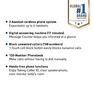 Panasonic DECT 6.0 Expandable Cordless Phone with Answering Machine and Smart Call Block - 2 Cordless Handsets - KX-TGD632W (White/Silver)