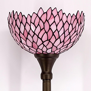 WERFACTORY Tiffany Floor Lamp Pink Stained Glass Wisteria Light 12X12X66 Inches Pole Torchiere Standing Corner Torch Uplight Decor Bedroom Living Room Home Office S523P Series