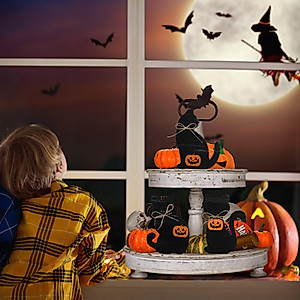 Redbaker 3 Pieces Halloween Black Cat Table Decor Black Cat Tabletop Block Sign Halloween Tiered Tray Decor Rustic Farmhouse Centerpieces for Home Shelf Party supplies