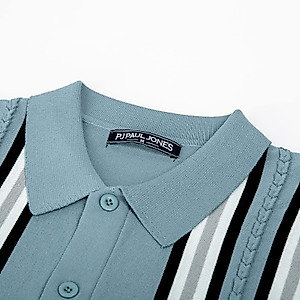 PJ PAUL JONES Knit Polo Shirt Mens Retro 70s Stripes Lapel Collared Knitted Shirts Blue Button Down Italian Knitwear for Summer Golf Bowling XL