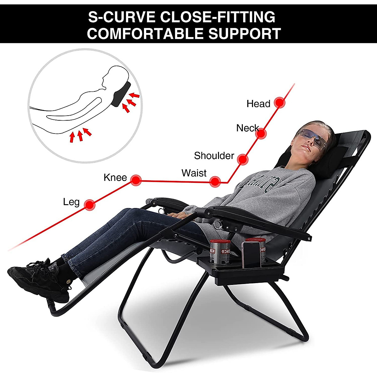 Piamomso Oversize Zero Gravity Chair with Cup Holder,Folding Recliner Lawn Zero Gravity Lounge Chair with Headrest, Grey & Black