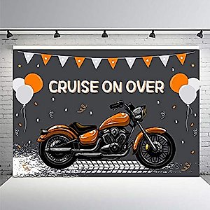 MEHOFOND Motorcycle Boy Birthday Party Backdrop Props Boy Happy 1st Birthday Cruise On Over Ride Photography Orange Silver Balloons Background Photo Banner for Cake Table Supplies 7x5ft