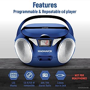 Magnavox MD6924 Portable Top Loading CD Boombox with AM/FM Stereo Radio in Black | CD-R/CD-RW Compatible | LED Display | AUX Port Supported | Programmable CD Player | (Blue)