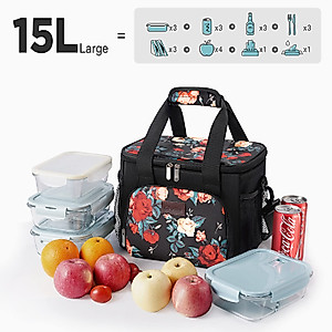 Kaome Large Lunch Bags for Women/Men 15L (24-Can), Insulated Lunch Box 100% Leakproof Cooler Bag for Office Work School Picnic Beach, with Adjustable Shoulder Strap-Floral
