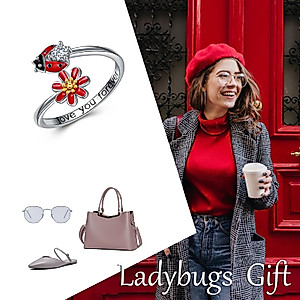 POPLYKE Ladybug Ring Jewelry for Women Sterling Silver Ladybug Daisy Rings Size (8)