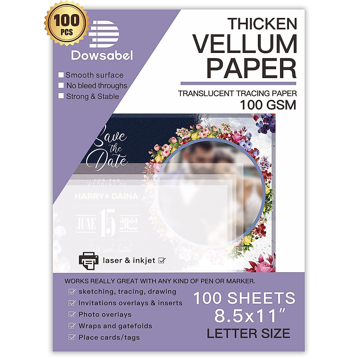 Translucent Vellum Paper, Dowsabel 68LBS 8.5 x 11 inches Printable Vellums for Card Overlays, Invitations Belly Bands, Envelope, Lantern,50 Sheets