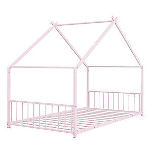 THINK 30 Twin Size House Bed for Kids, Metal Floor Bed Frame with Fence, Fun Montessori Playhouse Bed for Girls and Boys, Teens (Pink, Twin)