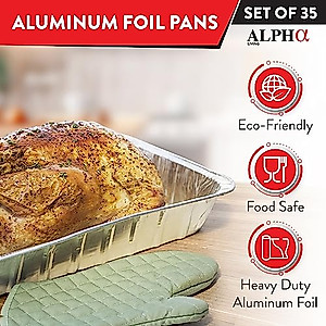 ALPHA LIVING 35 Pack Aluminum Foil Pans - Heavy Duty Aluminum Foil Baking Pan – Multipurpose Half Sheet Pans for BBQ, Oven, Freezer, Heating – Eco-Friendly Food Safe Oven Pan