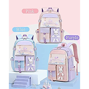 EKUIZAI Colorful Cute Backpack for Girls Elementary Schoolbag Sweet and Kawaii Kid's Backpack with Rabbit dolls