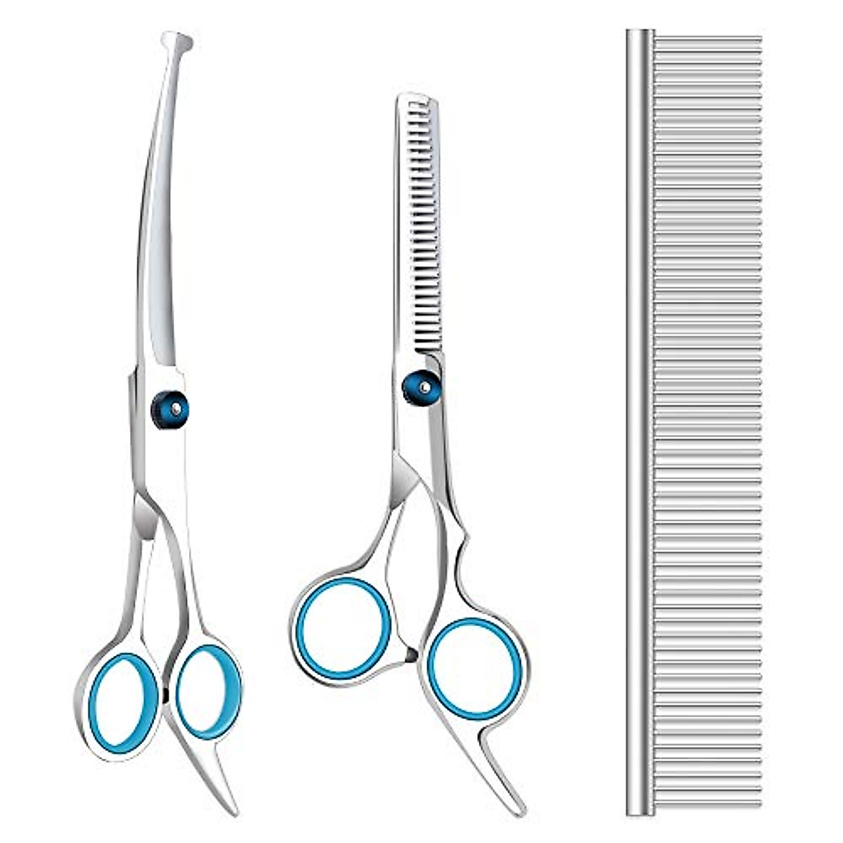 Maxshop Dog Grooming Scissors with Safety Round Tips, Heavy Duty Titanium Pet Grooming Trimmer Kit, Professional Thinning Shears, Curved Scissors with Comb for Dogs and Cats (Set of 3)