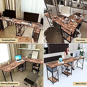 DLIUZ L Shaped Desk with Drawers，Computer Desk is Reversible Corner Large Gaming pc Table with USB Charging Port and Power Outlet,Long Writing Study Table with Shelve Suitable for 2 People Working