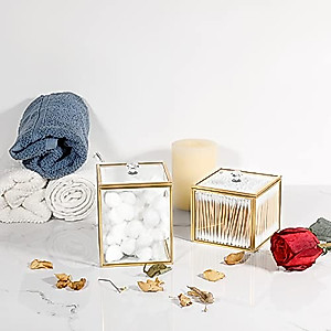 Hipiwe 2 Pack Glass Qtip Holder Dispenser With Lid Gold Bathroom Containers for Cotton Balls Makeup Sponges Bath Salts Candles Vanity Canisters Countertop Storage Organizer Jar
