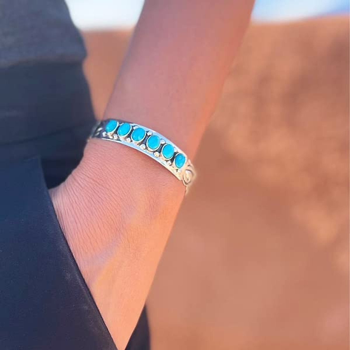 Turquoise Bracelet Sterling Silver 925 Genuine Turquoise Gemstones Cuff Bracelet (Turquoise)