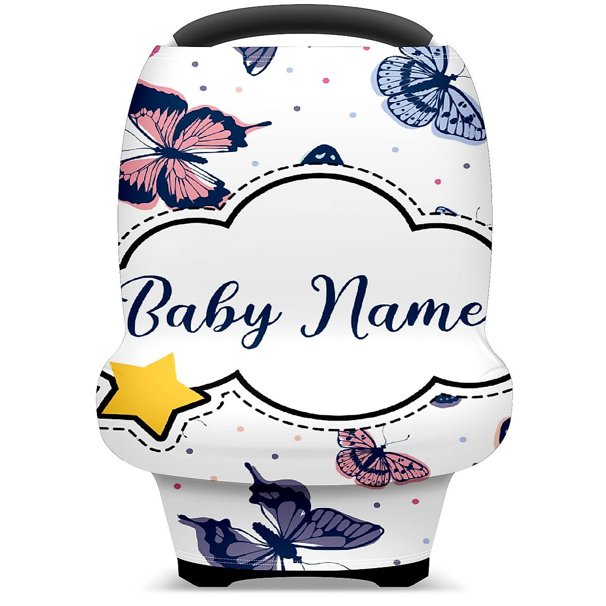 Baby Car Seat Stroller Covers Custom Name Cartoon Butterfly Nursing Cover Breastfeeding Scarf Soft Breathable Stretchy Coverage Carseat Canopy Cover for Boys and Girls Multi Use