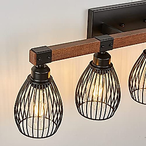 MZMHD 5-Light Farmhouse Bathroom Light Fixtures,Rustic Wood Cage Vanity Lights,Industrial Black Wall Sconce Lighting Over Mirror,Hallway,Bedroom