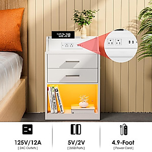 Saedew Nightstand with Charging Station and LED Lights, Night Stand with Modern Design, Bedside Table with 2 Drawers and Open Storage, Improved Nightstands for Bedroom Living Room (1, White)…