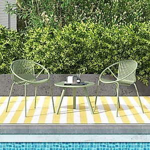 Tangkula 3 Pieces Bistro Set, All Weather PP Patio Conversation Set, Heavy-Duty Metal Frame Outdoor Acapulco Chair Set w/Round Coffee Table, 2 Chairs and Side Table Set for Deck, Balcony (Green)