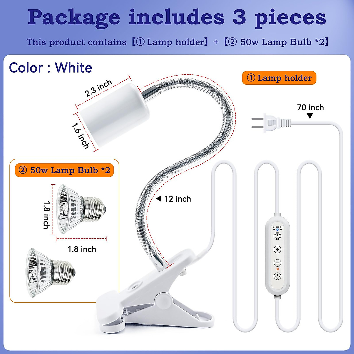 BINANO Timed Heat Lamp with Dual 50W UVB UVA Bulbs for Reptiles, Turtles, Tortoises, and Puppies: Adjustable Heat Switch, 360° Adjustable Angle, Strong Clips, Ideal for Aquarium Tanks and Basking