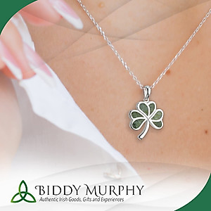 Biddy Murphy, Women's Irish Shamrock, Lucky Three Leaf Clover 925 Sterling Silver Pendant 18" Inch Necklace with Connemara Marble Inlay