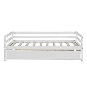 Hanway Twin Daybed with Trundle – Pine Wood Material Bed Frames – Elegant Furniture for Compact Rooms – Bedroom Accessories Ideal for Small Living Spaces – Classic White Paint Coating