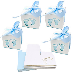HADEEONG 50pcs Baby Shower Party Favor Boxes, 2.4 x 2.4 inch Small Candy Gift Treat Boxes Footprint Design for Kids Birthday Baby Shower Guests Wedding Party Supplies with Ribbon,Blue