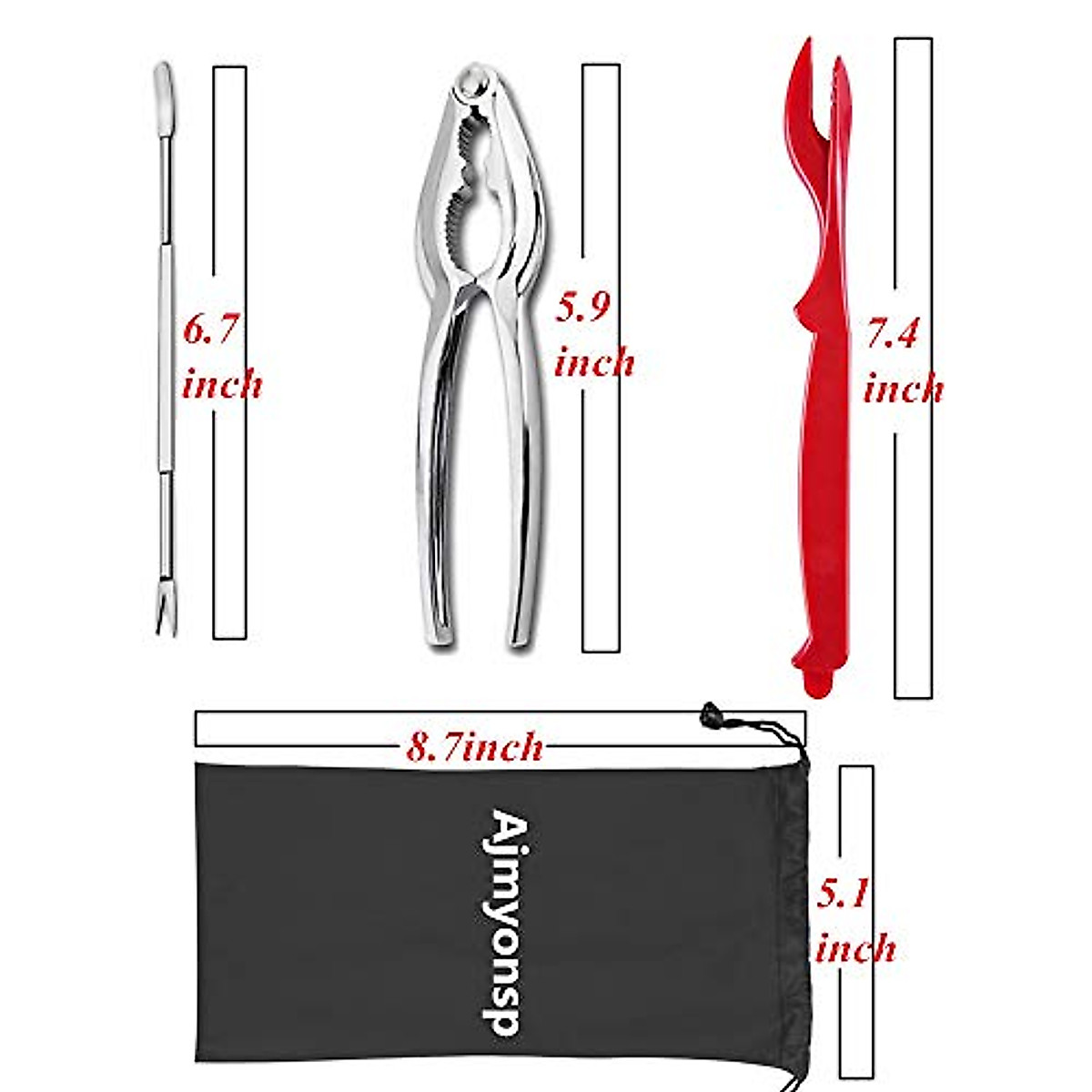 Ajmyonsp 12Pcs Crab Crackers and Tools/Lobster Nut Crackers and Picks - 6 Crab Leg Forks 4 Lobster Shellers, 2 Stainless Steel Seafood Crackers & Storage Bag
