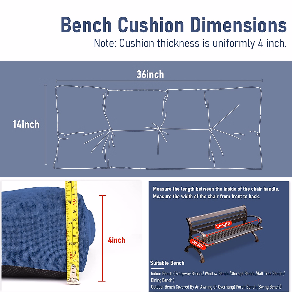 ROFIELTY Bench Cushion 36 inch, Non Slip Thickened Piano Bench Cushion, Durable Outdoor/Indoor Bench Seat Pads (36x14x4 inch, [ Indoor ] Dark Blue)