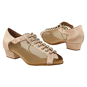 Very Fine Dancesport Shoes - Ladies Salsa, Latin Ballroom Practice Dance Shoes - 1643FT - 1 inch Flat Heel & Canvas Shoe Bag (Flesh Satin & Flesh Mesh, Size 6.5)