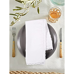 Cotton Cloth Dinner Napkins Oversized 20x20-Cotton Flax Fabric with Lace & Tailored with Mitered Corners-Ideal for Events and Regular Use-White Set of 4