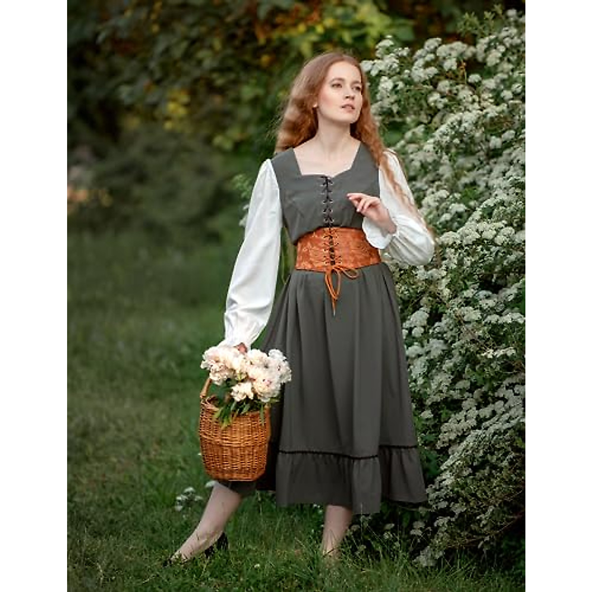 Renaissance Faire Costume Women Long Sleeve Midi Dress Modest Dress A Line Ruffle Medieval Dress Green L